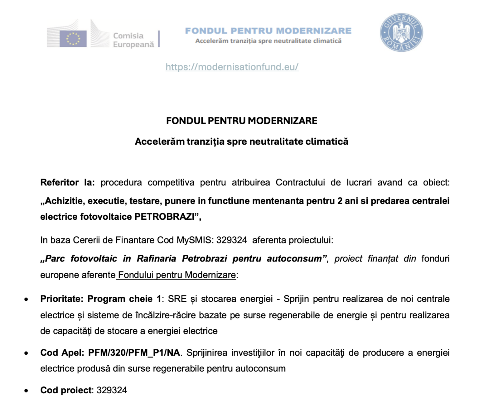 Rezultat procedura competitiva pentru constructie PVPP PBZ