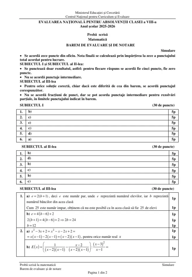 UPDATE: Simulare Evaluare Națională 2026. Subiectele și baremul la ...