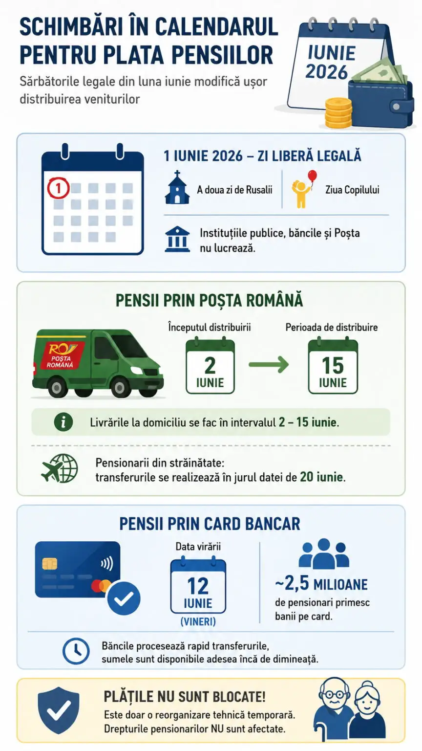 Plata pensiilor în iunie 2026. Când vin banii prin Poștă și pe card ...